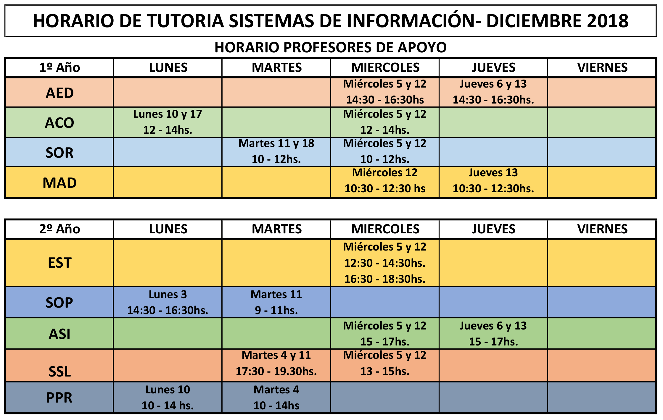 Horarios Tutorías Diciembre - Departamento de Ingeniería en Sistemas de Información